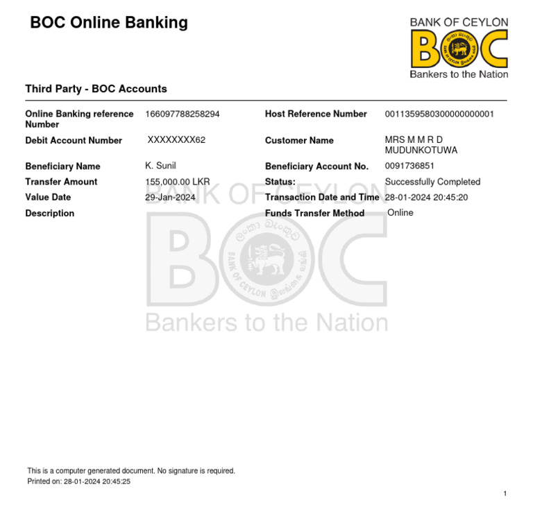BOC Online Banking Funds Transfer Receipt | PDF