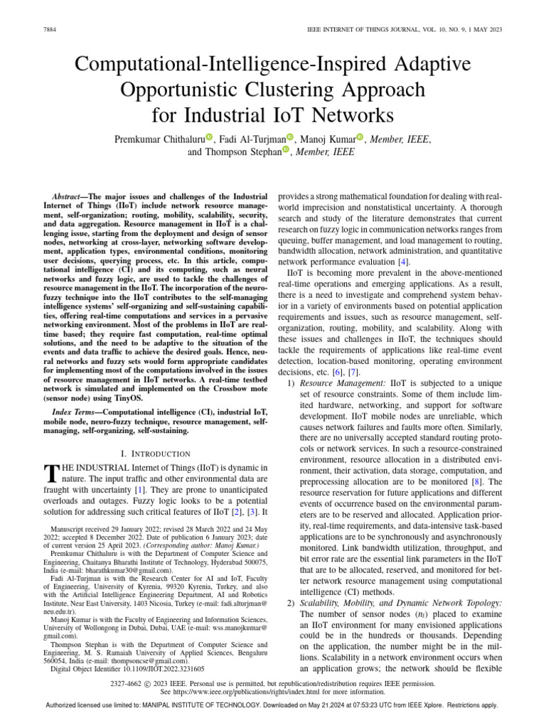 Computational Intelligence Inspired Adaptive Opportunistic Clustering Approach For Industrial