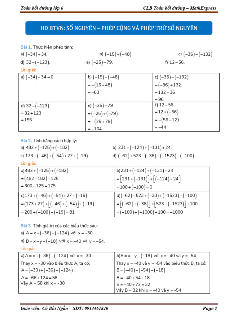 (6 zoom 3) HD BTVN Số nguyên - Phép cộng, trừ số nguyên | PDF