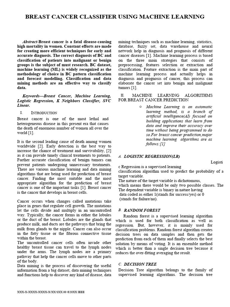 Breast Cancer Classifier Using Machine Learning Pdf Machine Learning Support Vector Machine