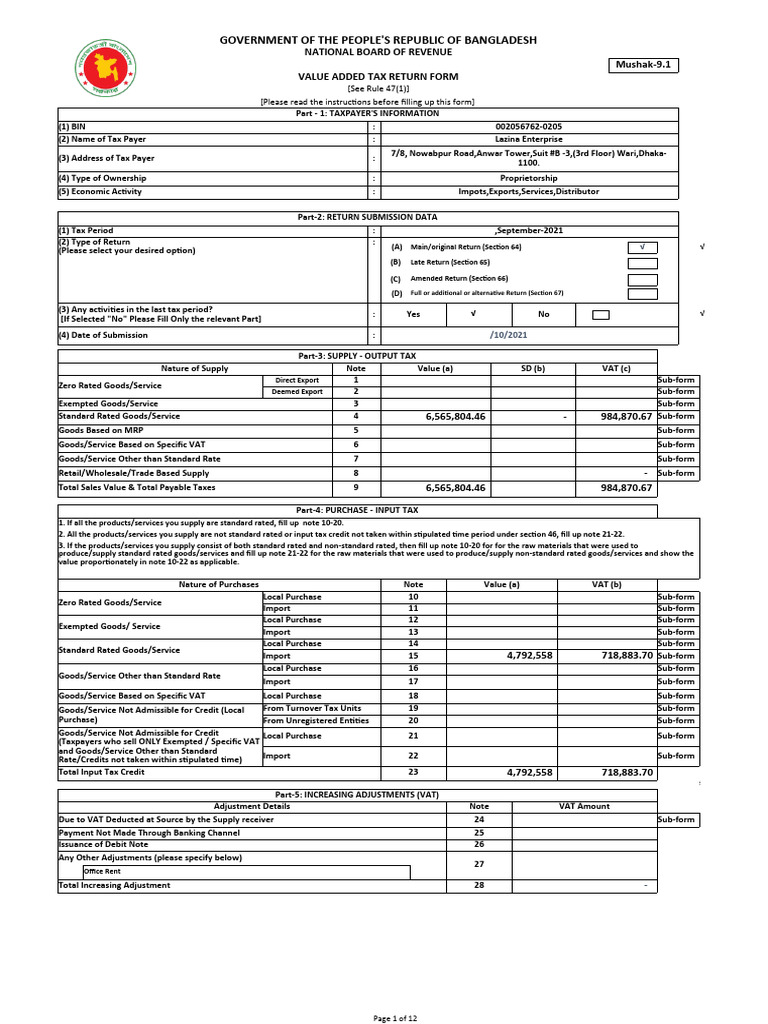 Lazina Enterprise Return September-2021 | PDF | Value Added Tax | Taxes