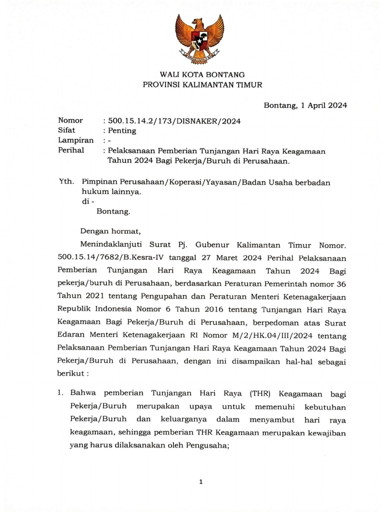 Edaran Wali Kota BTG - THR 2024 | PDF