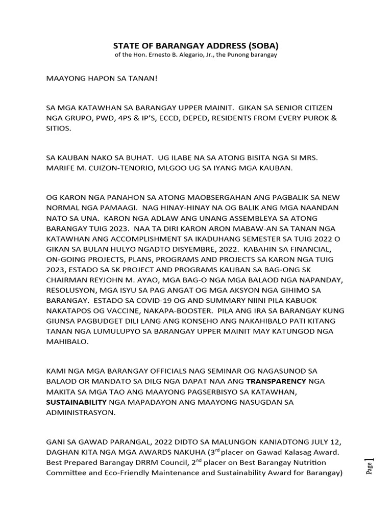 State of Barangay Address (2024) | PDF