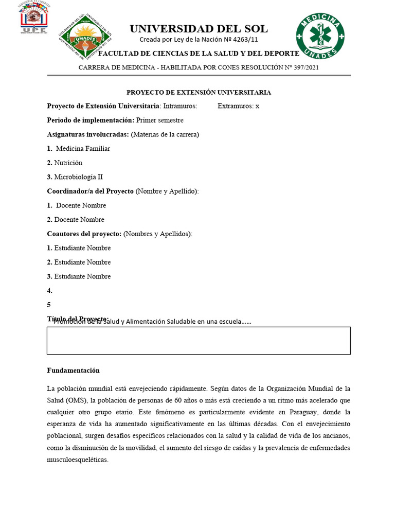 Formato de Proyecto - Extensión Universitaria Unades Medicina. Modelo ...