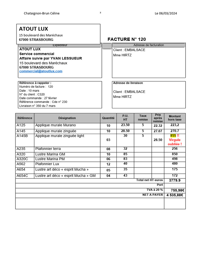 Facture ATOUT LUX - Client EMBALSACE | PDF | Facture | Impôts
