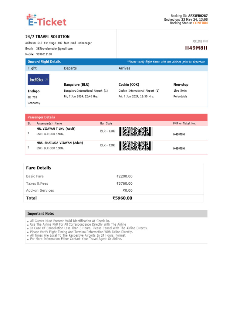 BLR To Cok | PDF | Airlines | Transport