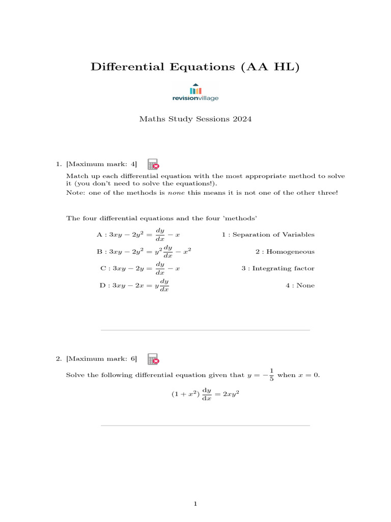 RV Math AA HL - Differential Equations Pre-Reading | PDF | Calculus ...