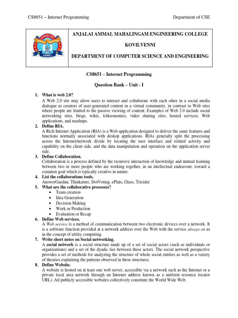 Unit 1 Question Bank | PDF | World Wide Web | Internet & Web Unit 1 Question Bank | PDF | World Wide Web | Internet & Web