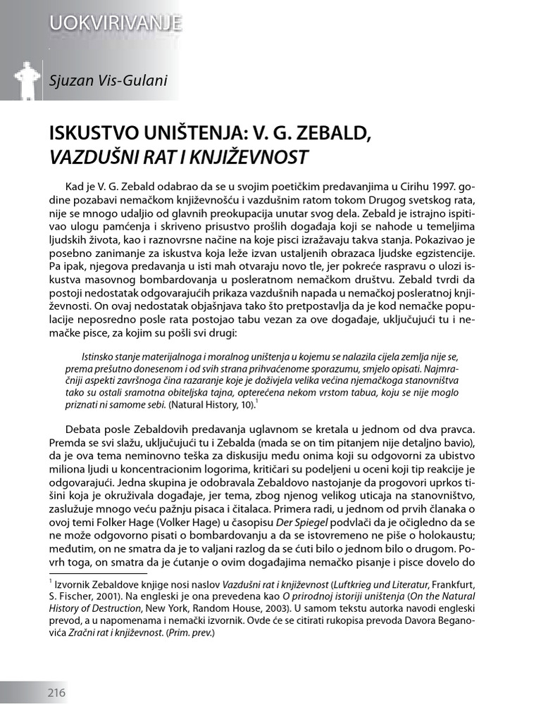 Is Ku Stvo Uništenja: V. G. Ze Bald,: Va Zdušni Rat I Knji Žev Nost | PDF
