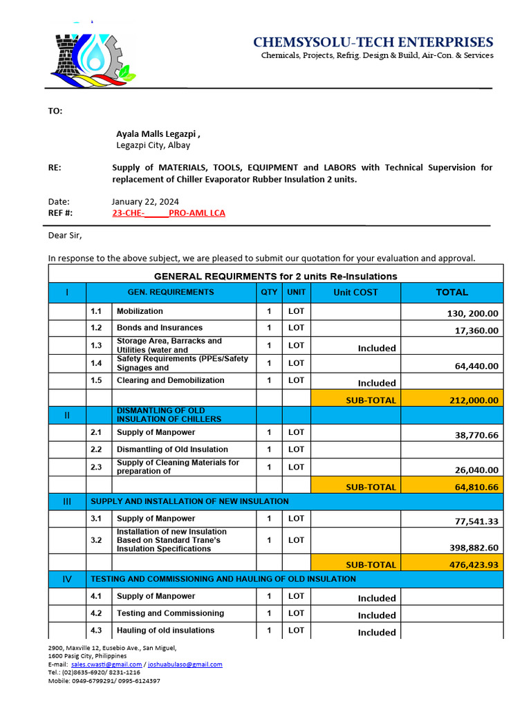 Chiller Insulation Quotation for Ayala Malls | PDF | Home & Garden ...