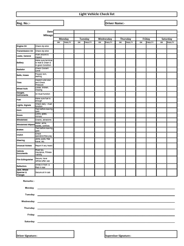 Light Vehicle Check List | PDF | Vehicles | Wheeled Vehicles