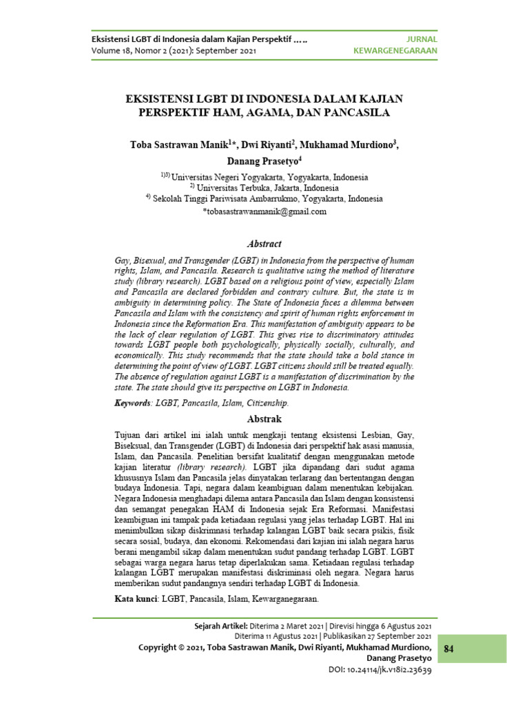 Eksistensi LGBT Di Indonesia Dalam Kajian Perspektif Ham, Agama, Dan Pancasila | PDF