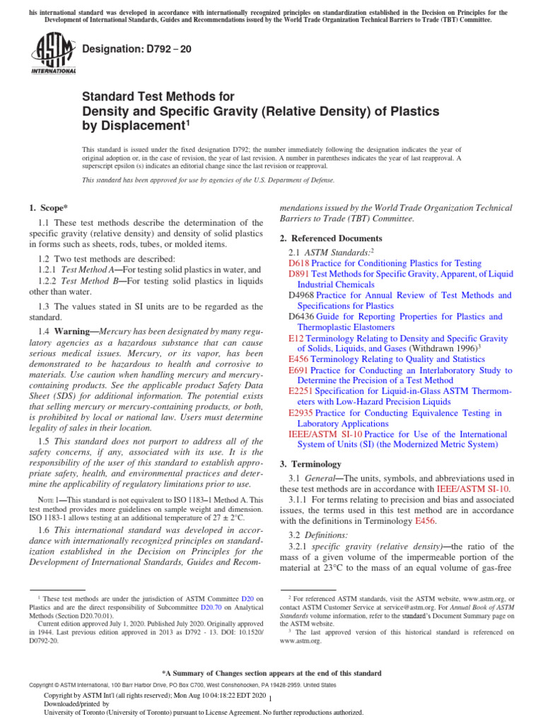 Astm D792 2020 | PDF | Density | Weighing Scale