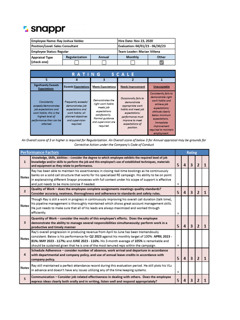 q2 2023 Performance Evaluation - Ray Valdez | PDF | Performance ...