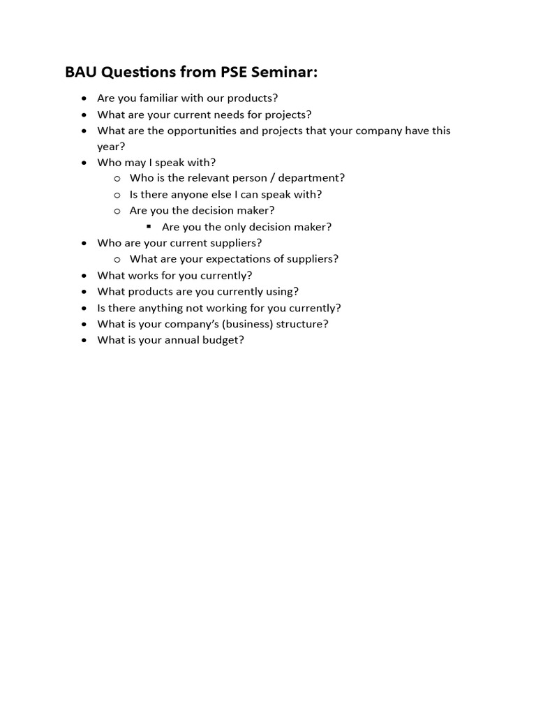 BAU Questions From PSE Seminar | PDF