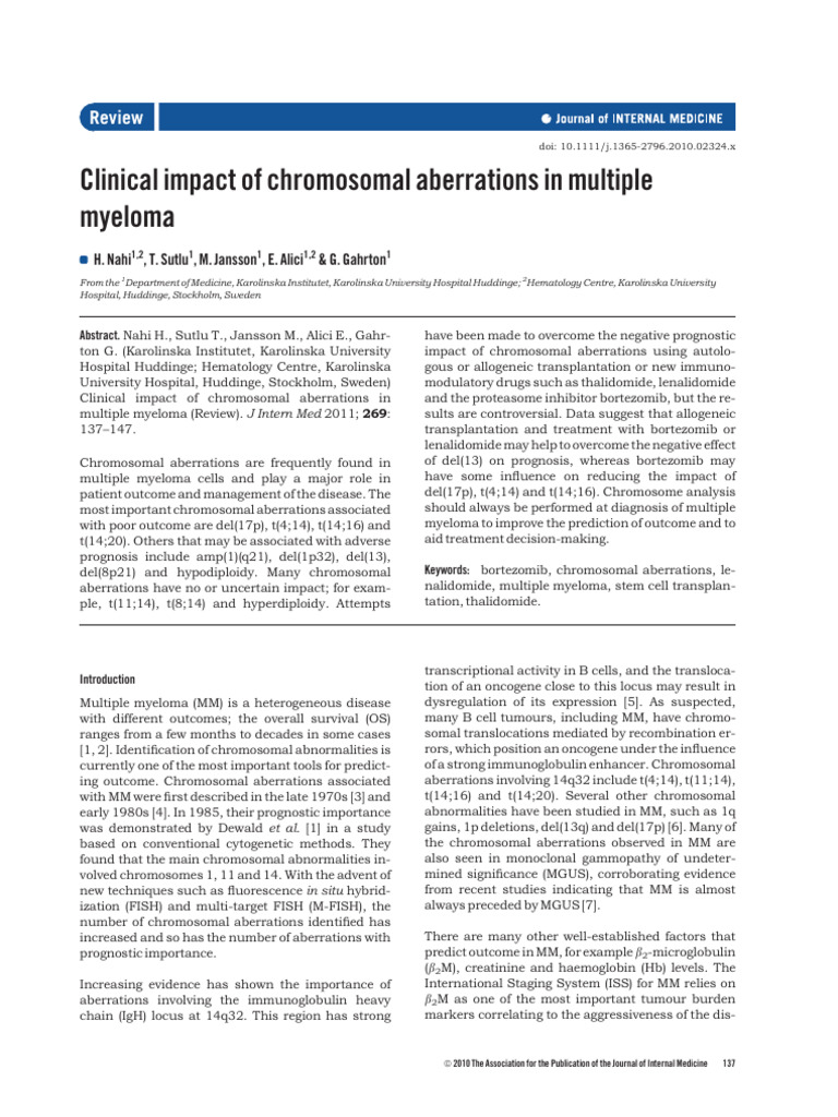 Journal of Internal Medicine 2010 Nahi Clinical Impact of Chromosomal Aberrations in Multiple ...