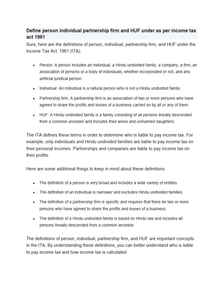 Define Person Individual Partnership Firm and HUF Under As Per Income ...