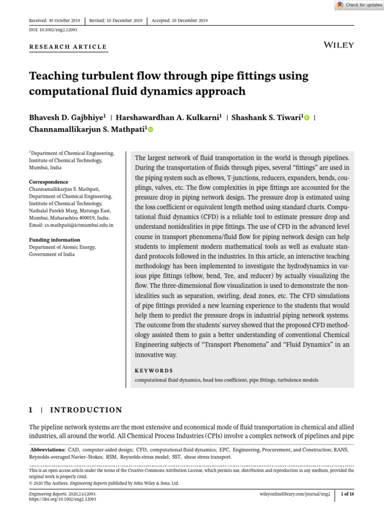 Engineering Reports - 2020 - Gajbhiye - Teaching Turbulent Flow Through Pipe Fittings Using ...