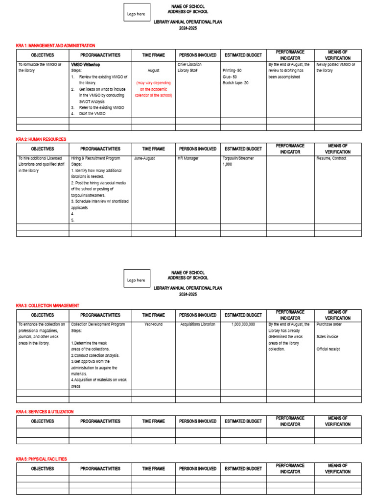 Template - Annual Operation Plan | PDF | Libraries | Librarian