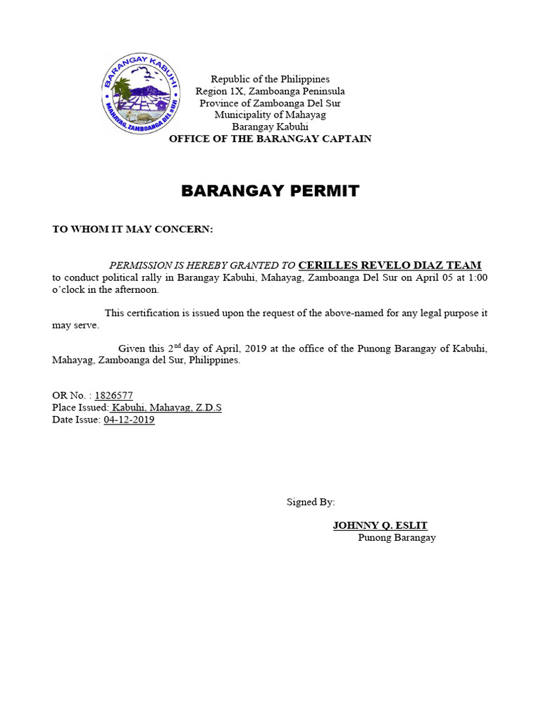Barangay Permit - Political Rally | PDF