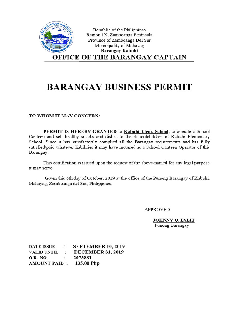 Barangay Permit - School Canteen | PDF Barangay Permit - School Canteen | PDF
