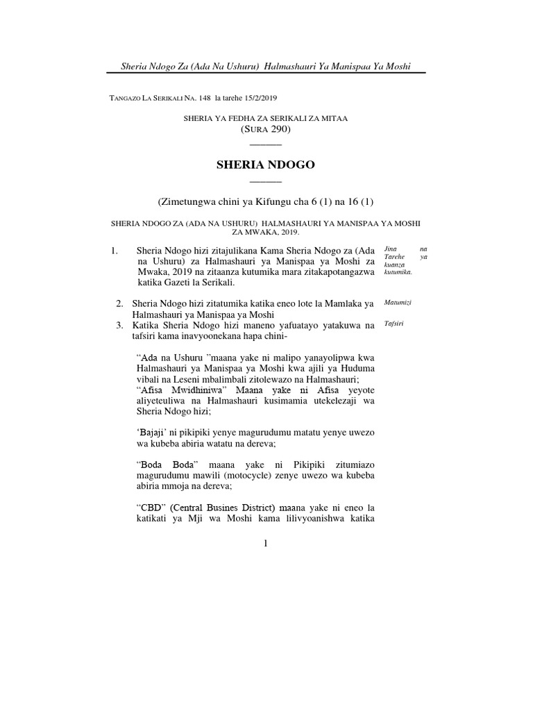 Sheria Ndogo Za (Ada Na Ushuru) Halmashauri Ya Manispaa Ya Moshi Za ...