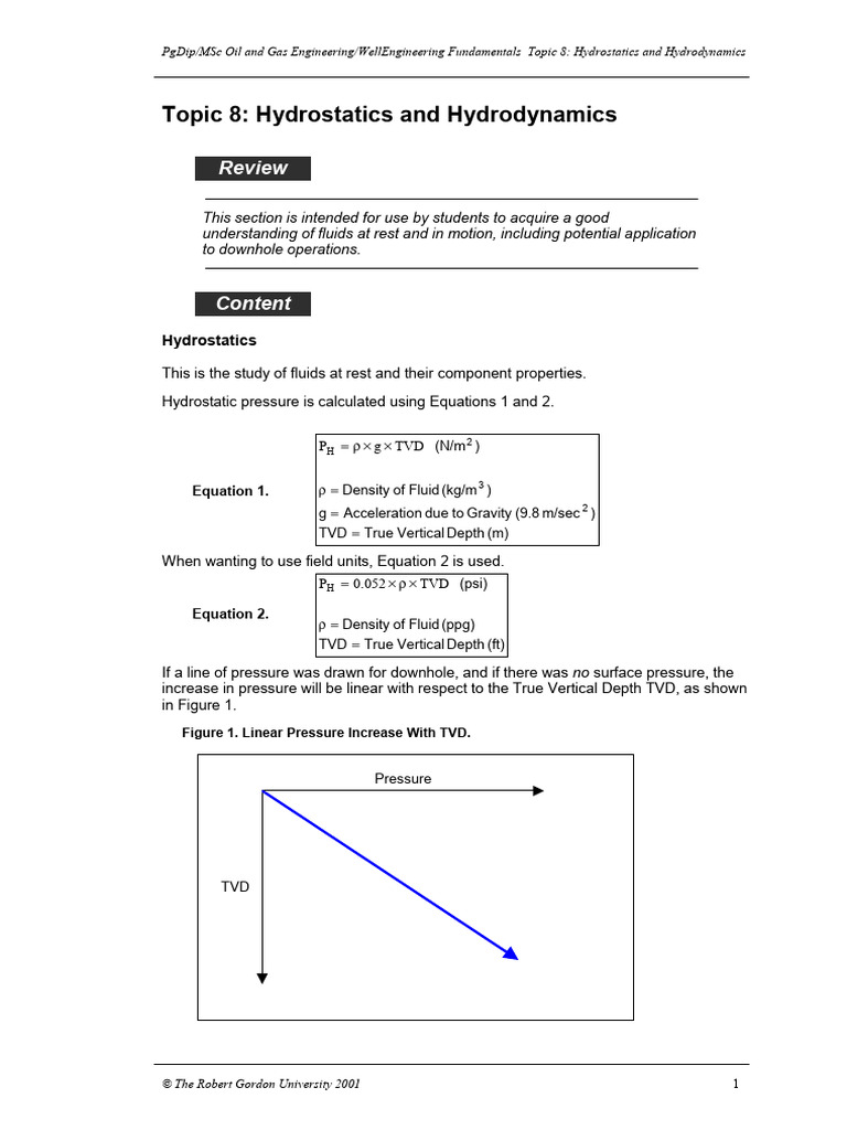 Topic 8 - Hydrostatics and Hydrodynamics | PDF | Fluid Dynamics | Pressure