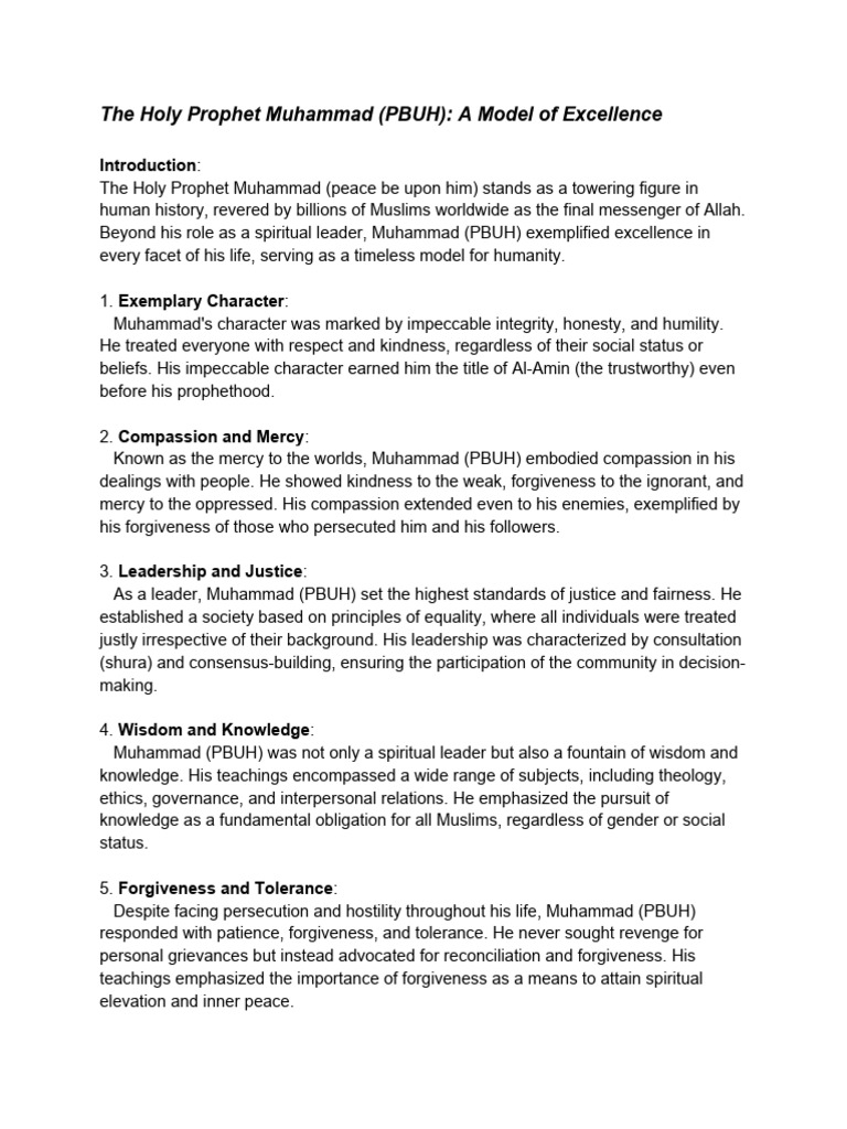 Title - The Holy Prophet Muhammad (PBUH) - A Model of Excellence | PDF ...