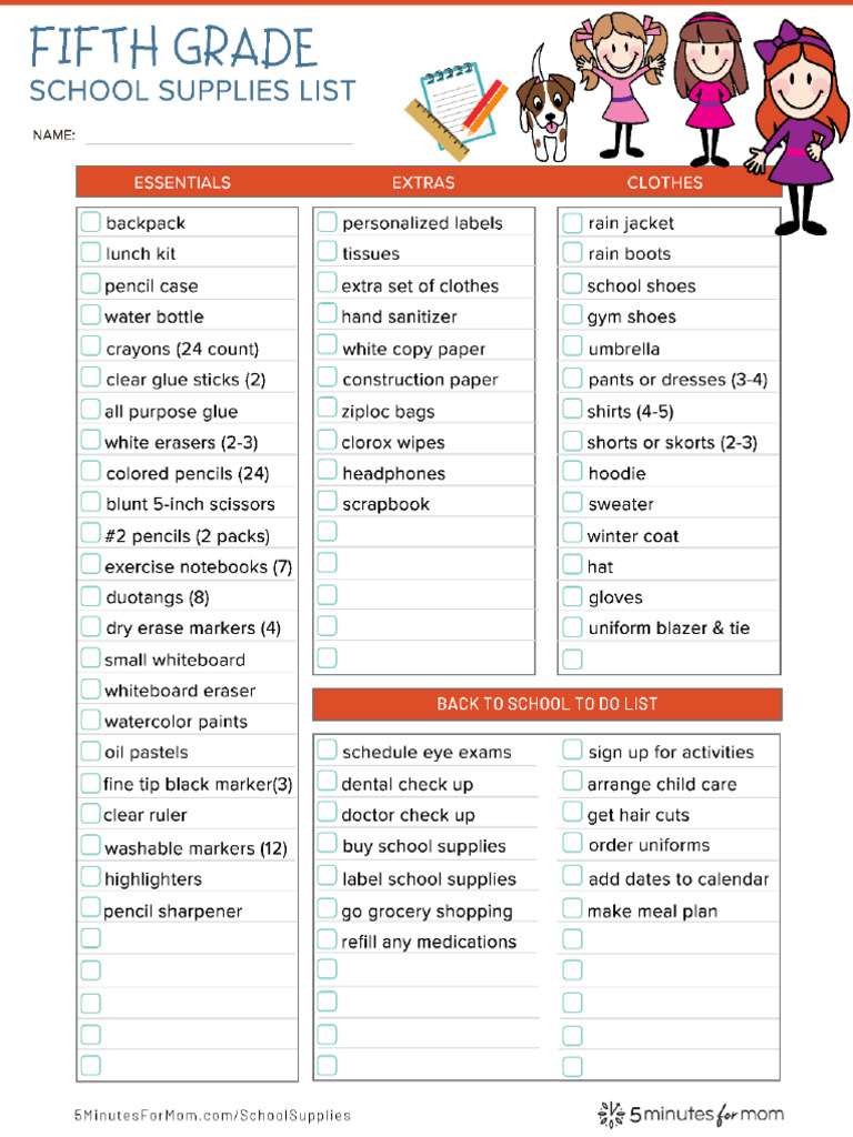 Fifth Grade School Supplies List | PDF