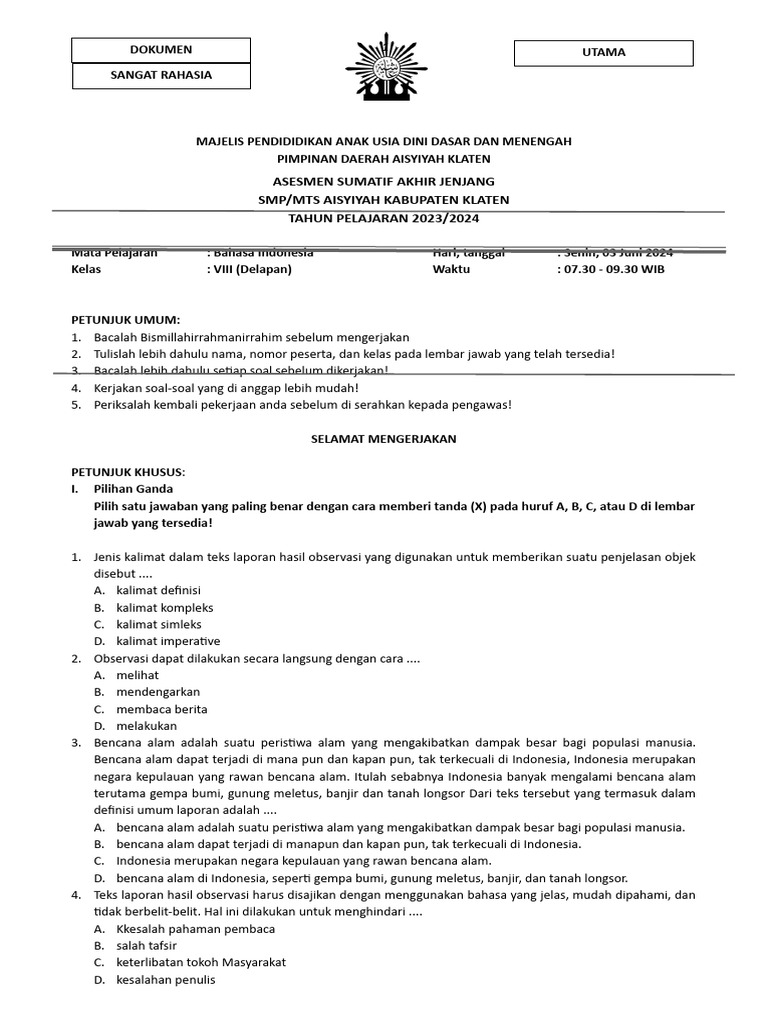 Soal Asaj-Bahasa Indonesia-Kls8-2023-2024 | PDF | Perjalanan | Kajian Bahasa Asing