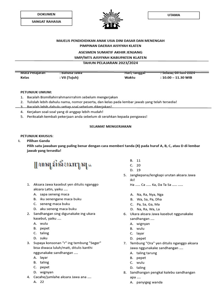 Soal Asaj-Bahasa Jawa-Kls7-2023-2024 | PDF