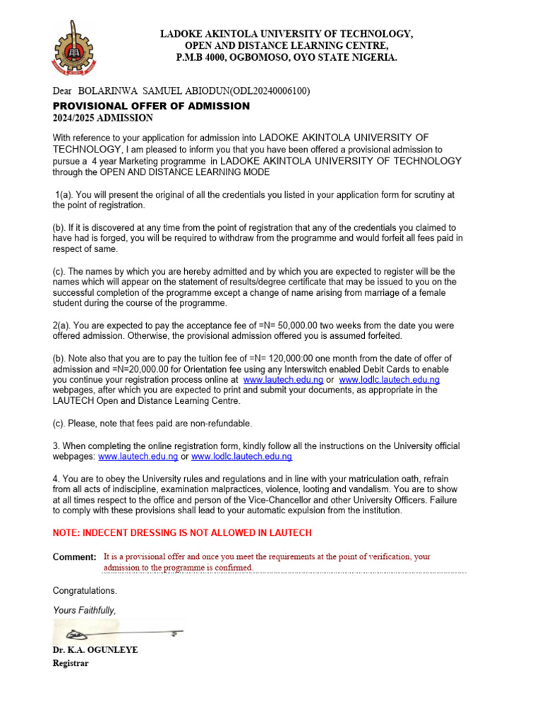 Provisional Admission Offer for ODL Program | PDF