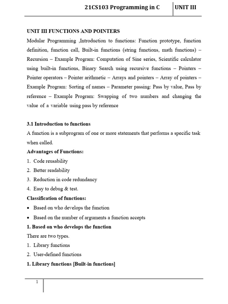 Unit Iii Functions And Pointers Pdf Parameter Computer Programming