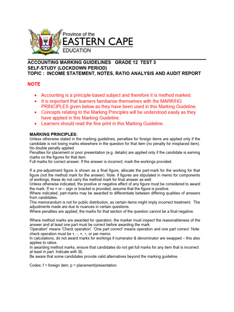 Accounting Grade 12 Marking Guideline Test 3 | PDF | Auditor's Report ...