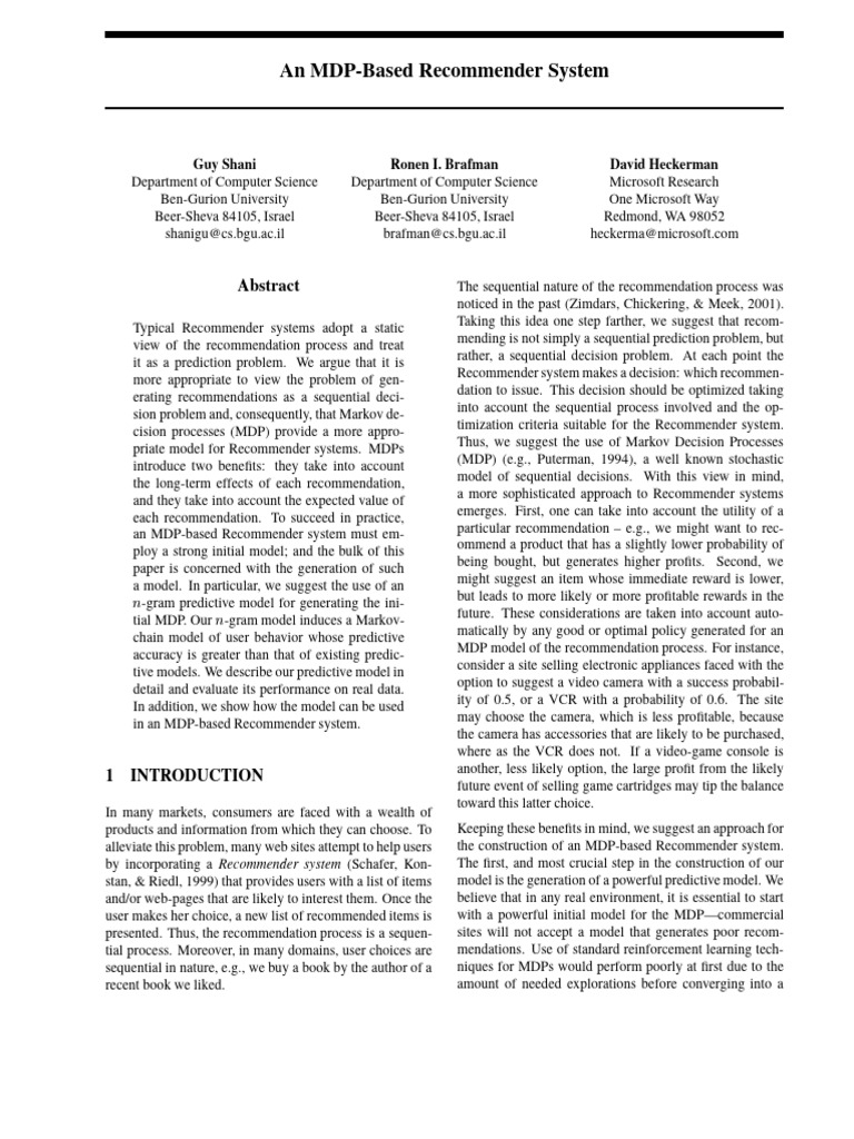 Shani 2012 - An MDP-Based Recommender System | PDF | Markov Chain ...