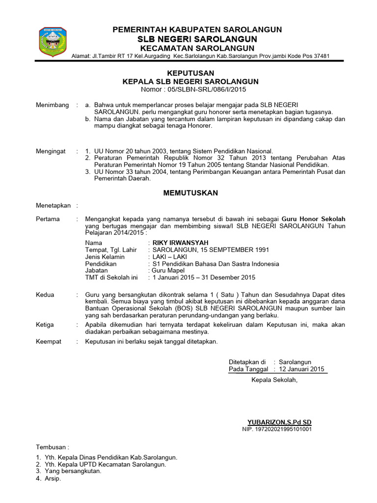 Contoh - SK - Guru - Honor SD 86 2015 | PDF