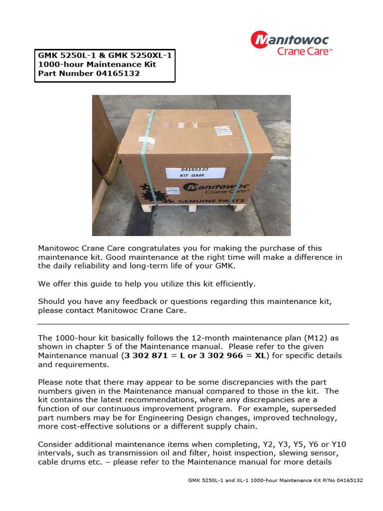 GMK 5250L-1 & XL-1 1000-Hour Kit Guide | PDF | Mechanical Engineering