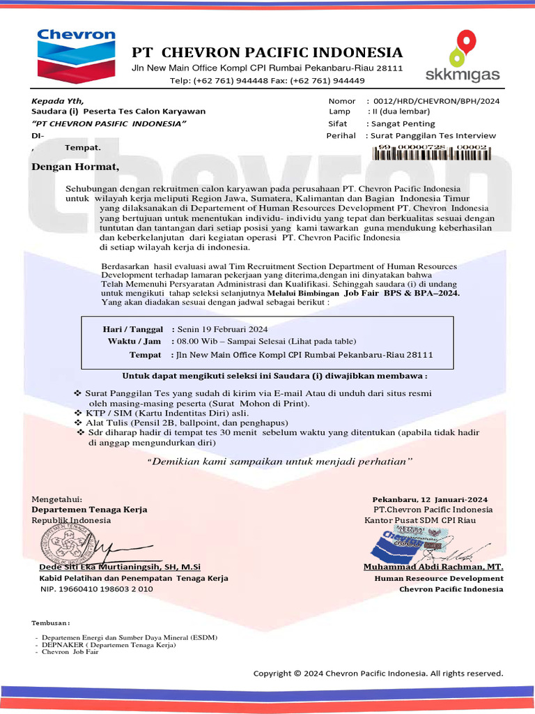 Surat - Undangan - Tes - Interview - PTChevron - P 2024 | PDF