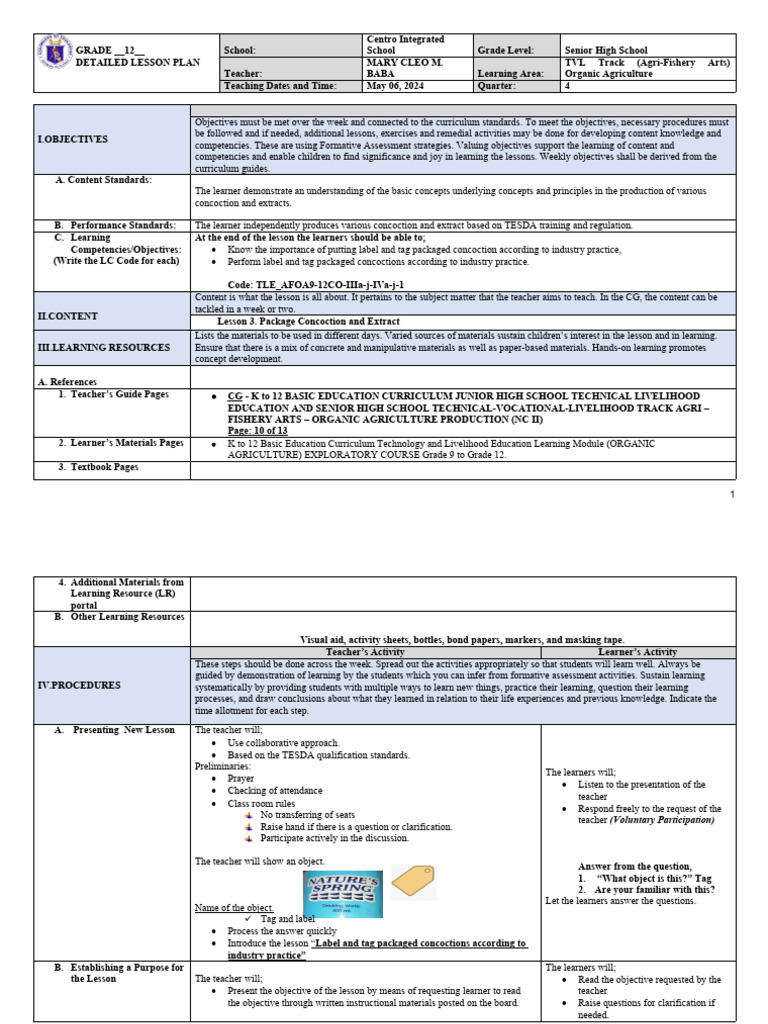 Organic Agriculture NCII SHS DLP | PDF | Learning | Brand