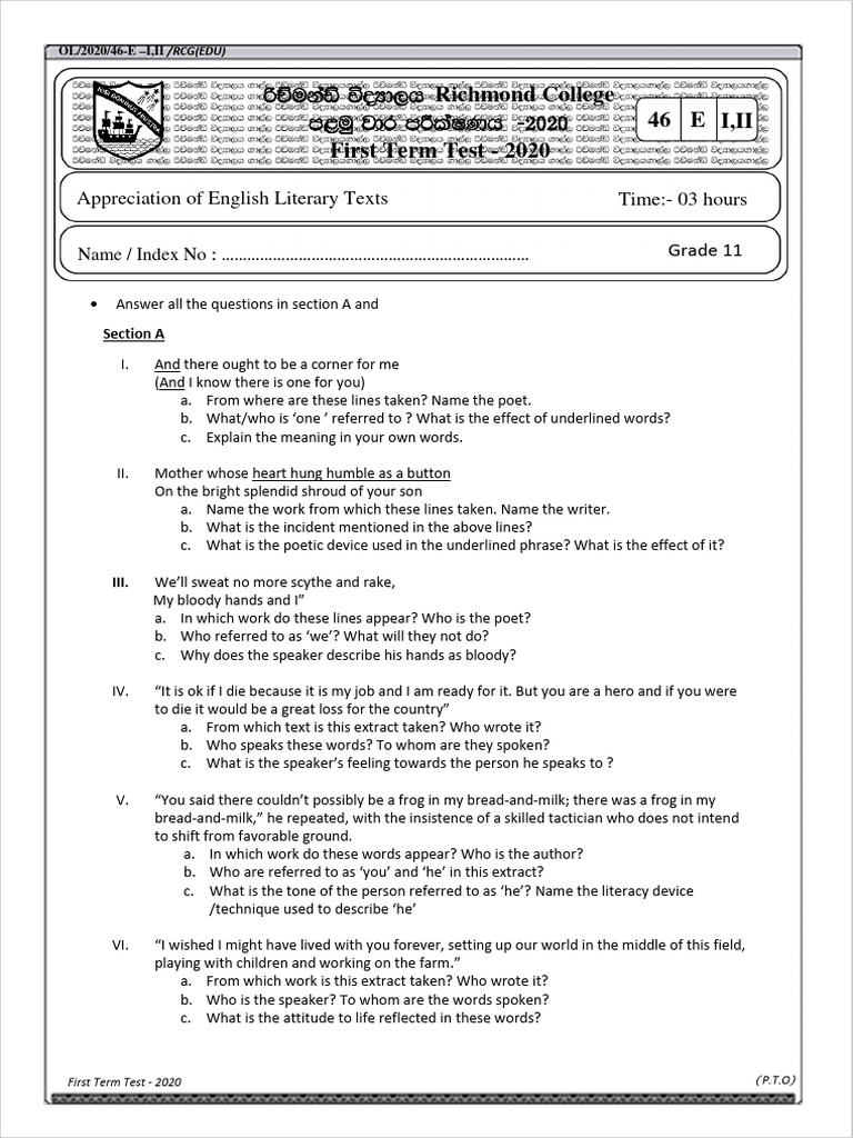 Grade 11 Appreciation of English Literary Texts 1st Term Test Paper ...
