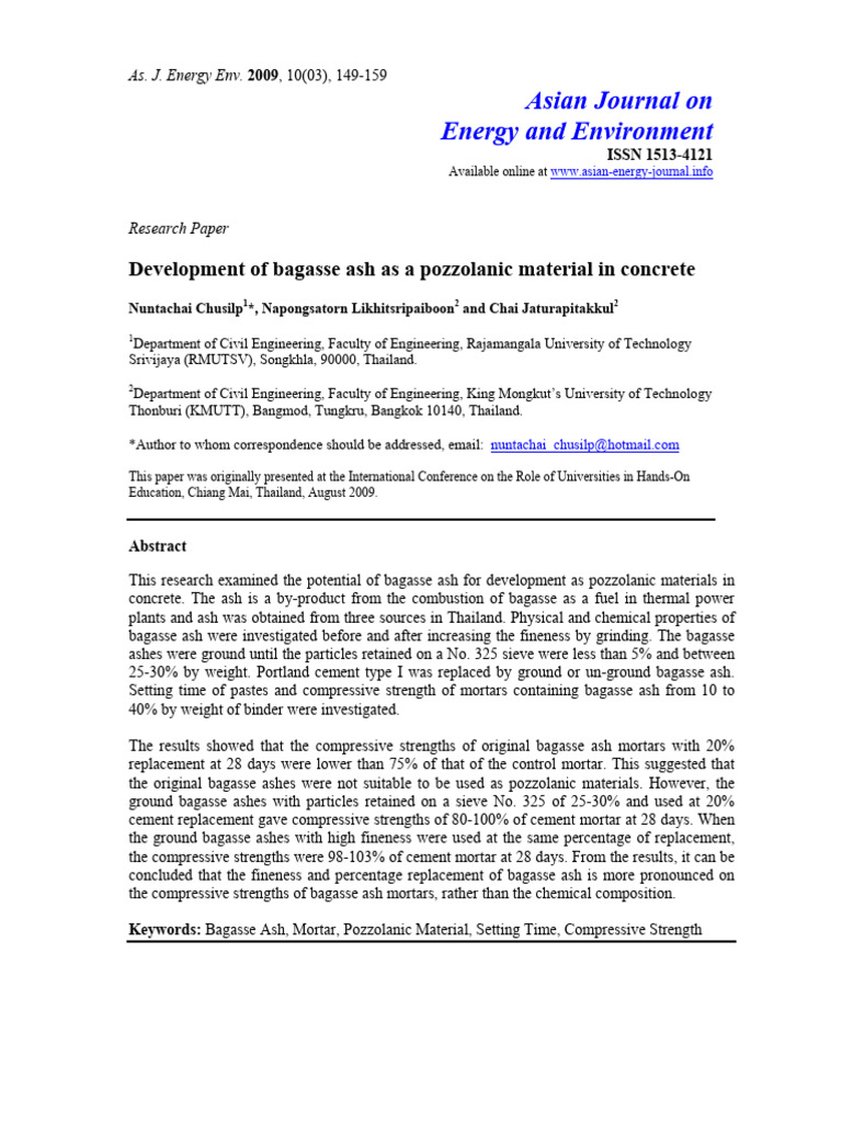 Development of Bagasse Ash As A Pozzolanic Material in Concrete | PDF ...