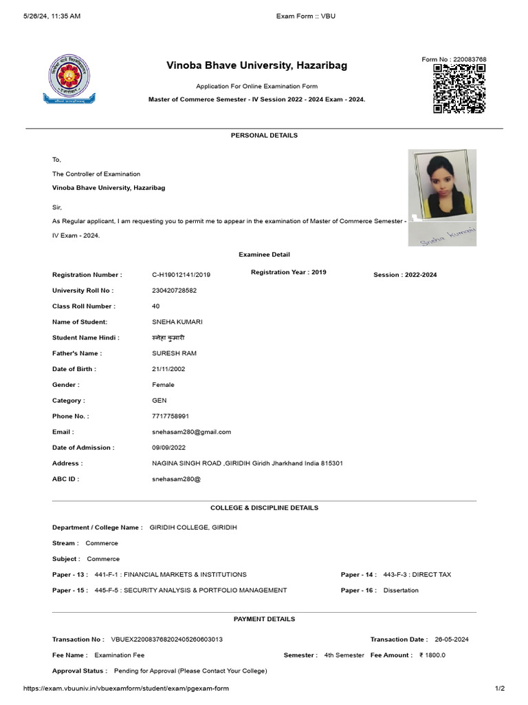 Exam Form - VBU | PDF | Payments