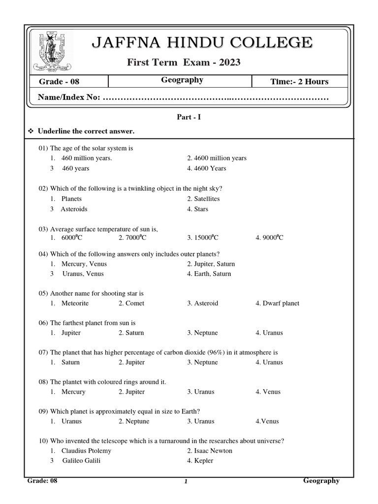 2023 Grade 11 Geography 1st Term Test Paper English Medium | PDF ...