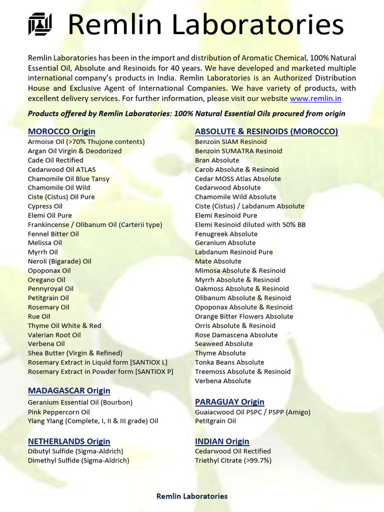 Remlin Laboratories: 40 Years of Oils | PDF | Essential Oil