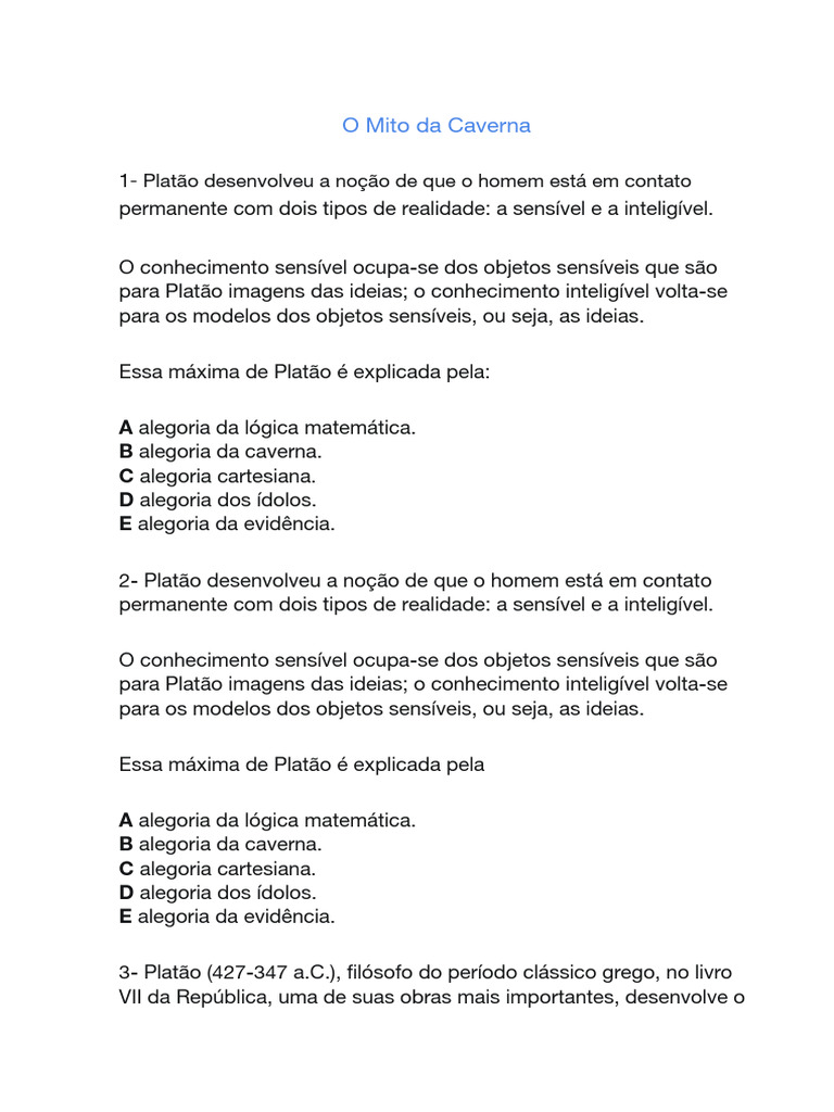 Filosofia - O Mito Da Caverna | PDF | Platão