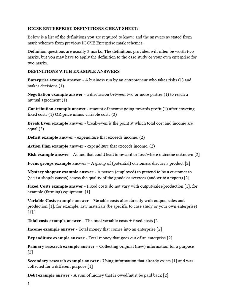 Igcse Enterprise Definitions Cheat Sheet | PDF | Economies | Business ...