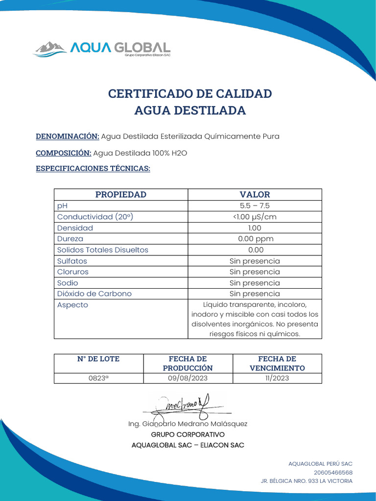 Certificado de Calidad - Agua Destilada - Aquaglobal Peru S.A.C. | PDF
