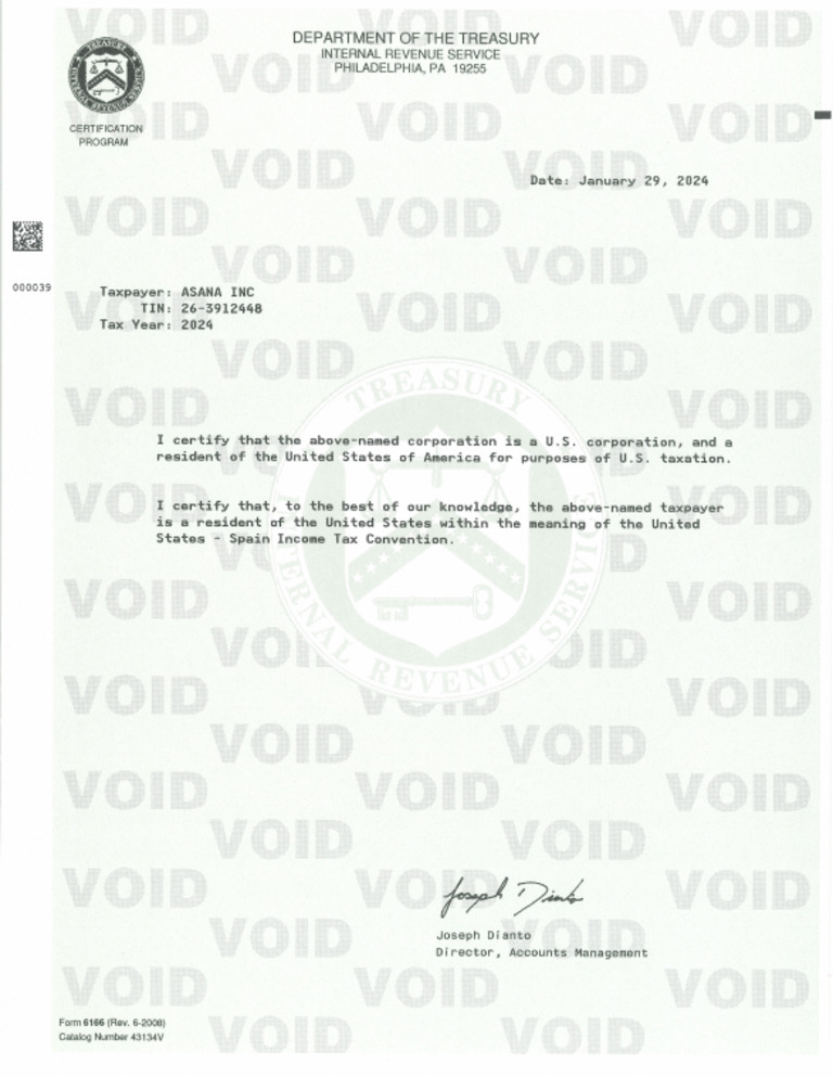 2024 IRS Form 6166 - Residency Certificate Scan (Spain) | PDF