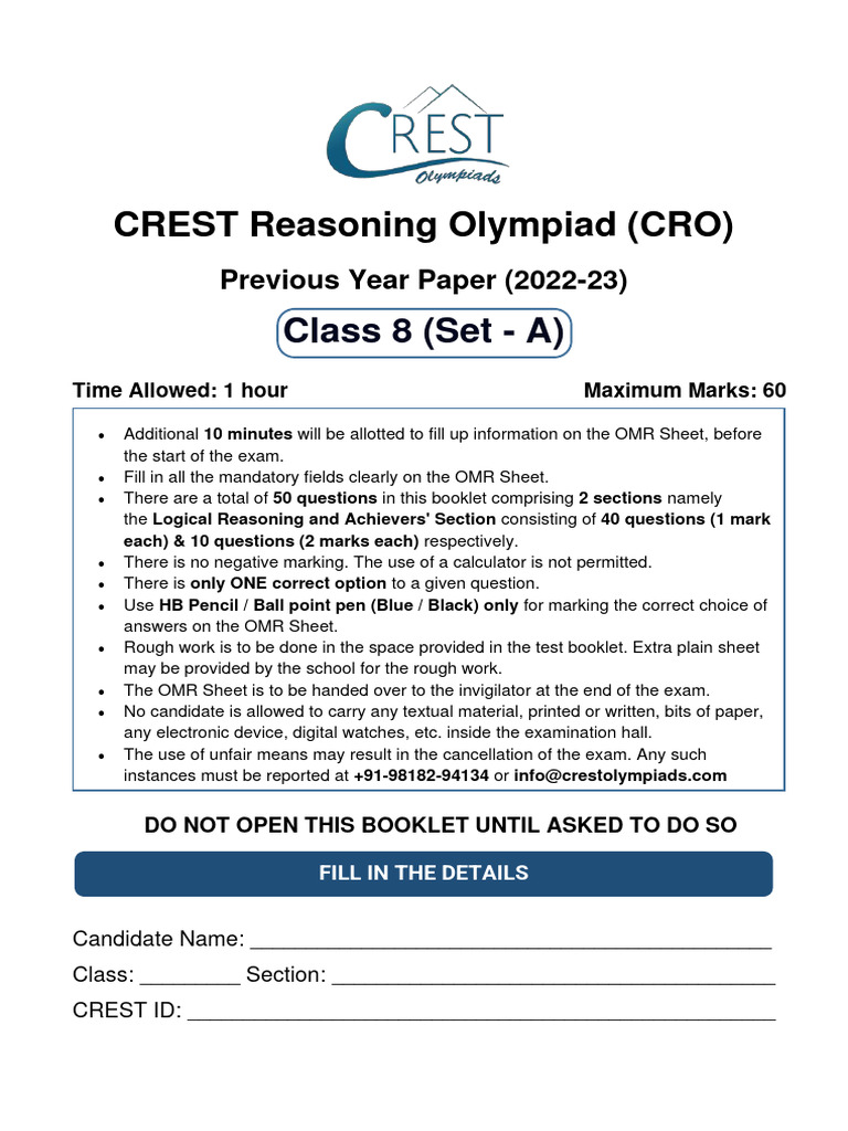 CRO Previous Year For Class 8 | PDF