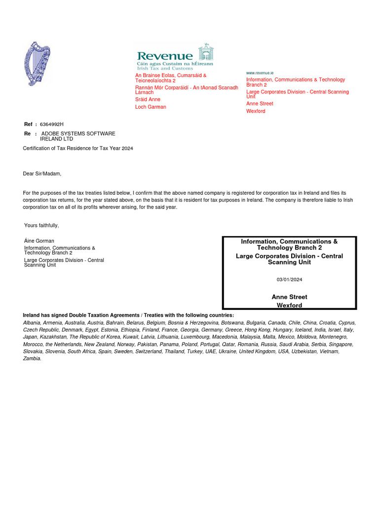 Adobe Tax Residence Certificate 2024 | PDF | Economies | Payments